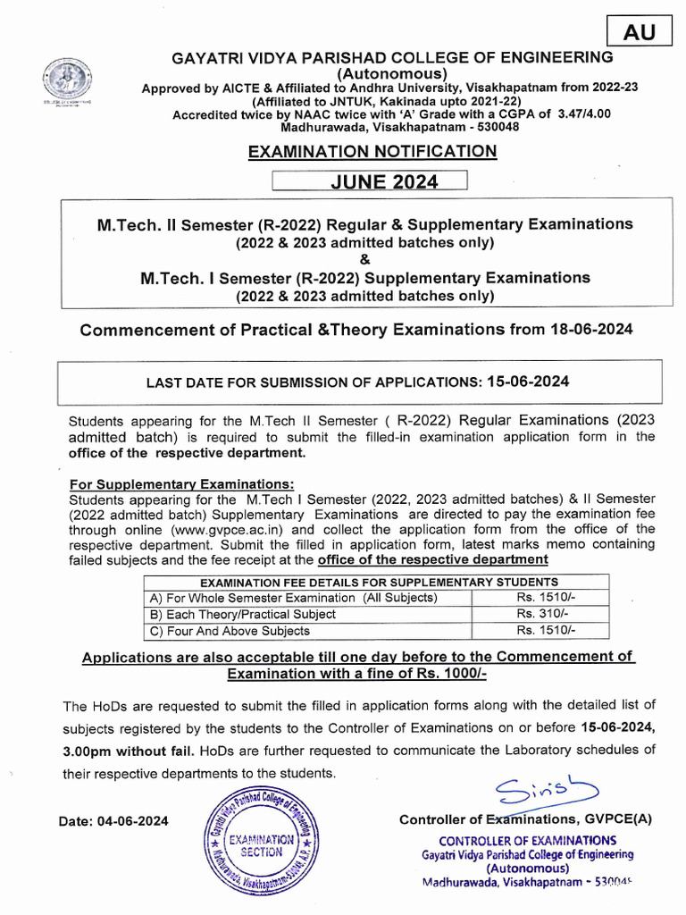 M.Tech I & II Semester (R-2022) Regular & Supplementary Examinations Notification - June 2024 | PDF