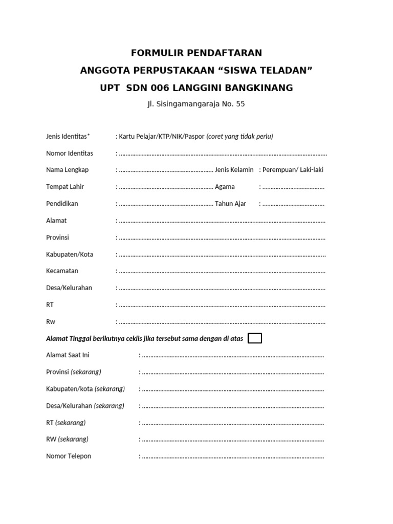 Formulir Pendaftaran Perpustakaan | PDF