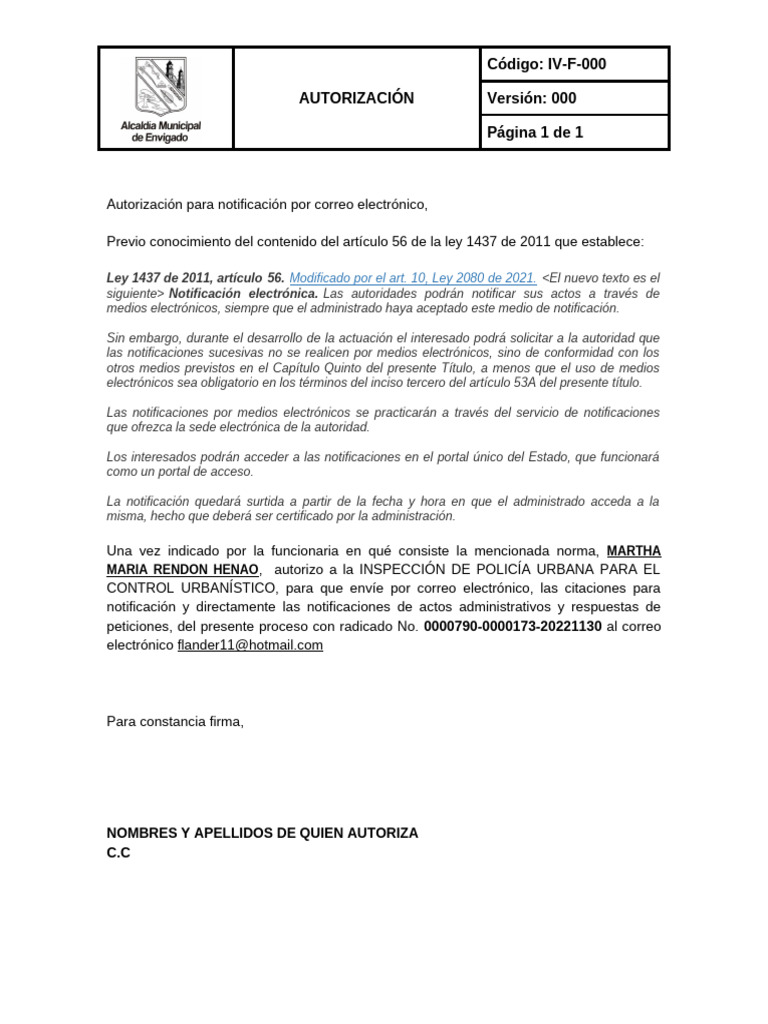 Autorizacion para Comunicacion - Notificacion Por Correo Electronico-Fsc | PDF