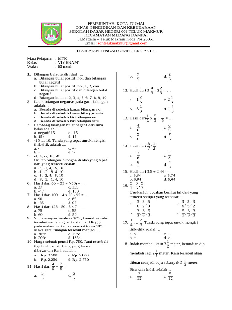 SOAL PTS MTK GANJIL Kls 6 SD | PDF
