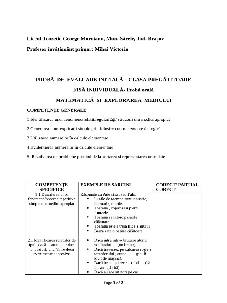 Evaluare Initiala Clasa Pregatitoare | PDF