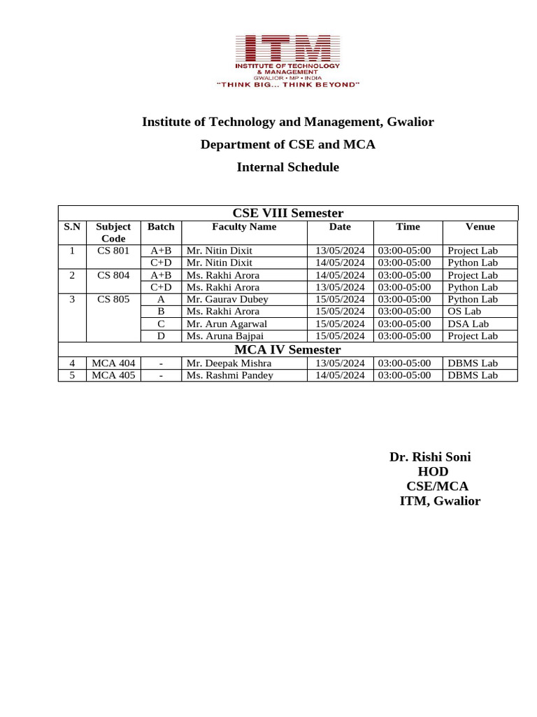 Internal Schedule (B.tech 8 Sem and MCA 4 Sem) | PDF