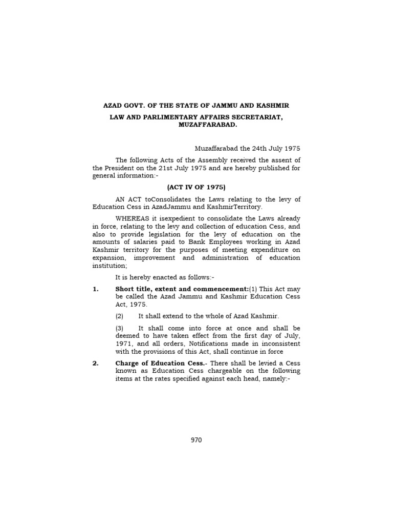 The Azad Jammu and Kashmir Education Cess Act 1975 ORDINANCE IV OF 1975 | PDF