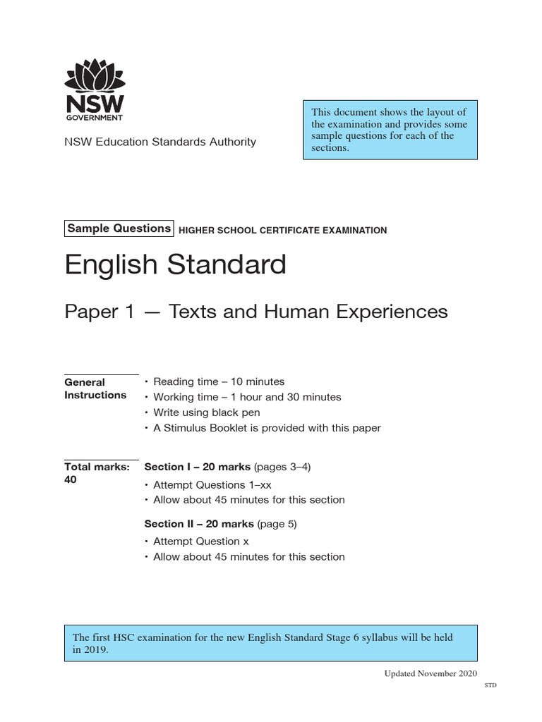 English Standard Paper 1 Sample HSC Questions November 2020 | PDF
