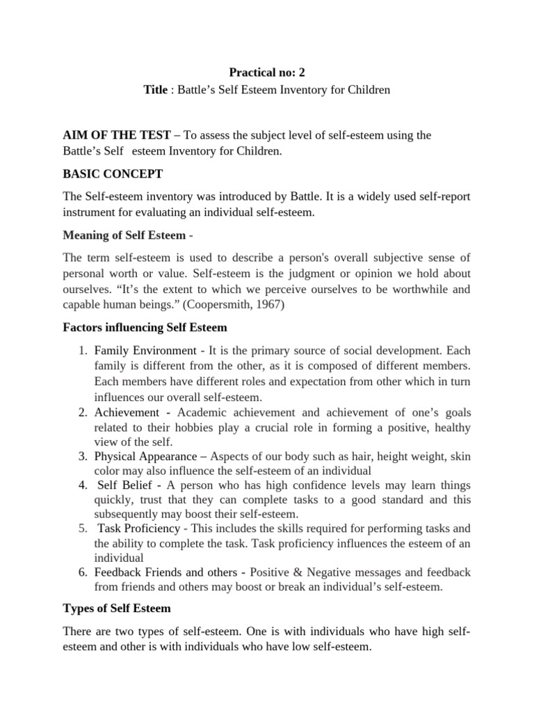 Self esteem inventory practical | PDF