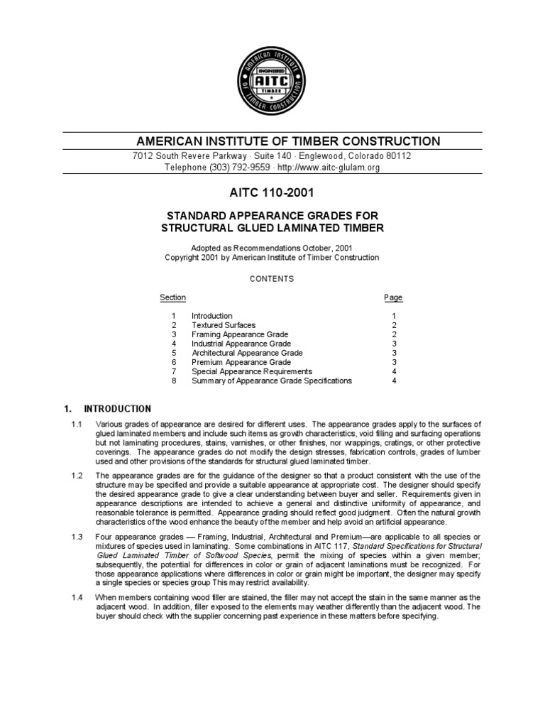 AITC 110-2001 Standard Appearance Grades | PDF | Lumber | Wood