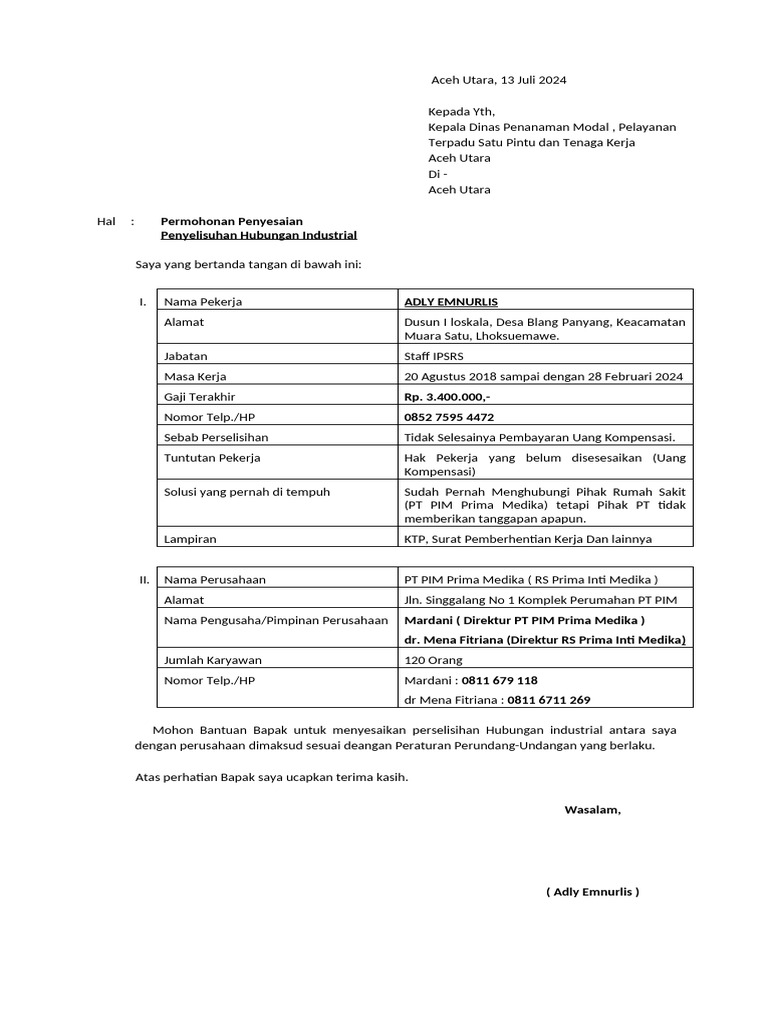 Surat Form Pengaduan Disnaker | PDF
