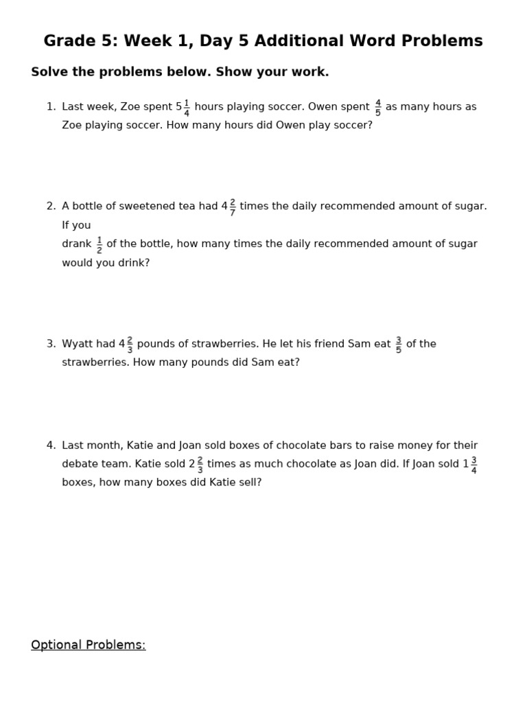 Grade 5, Week 1 Word Problems | PDF