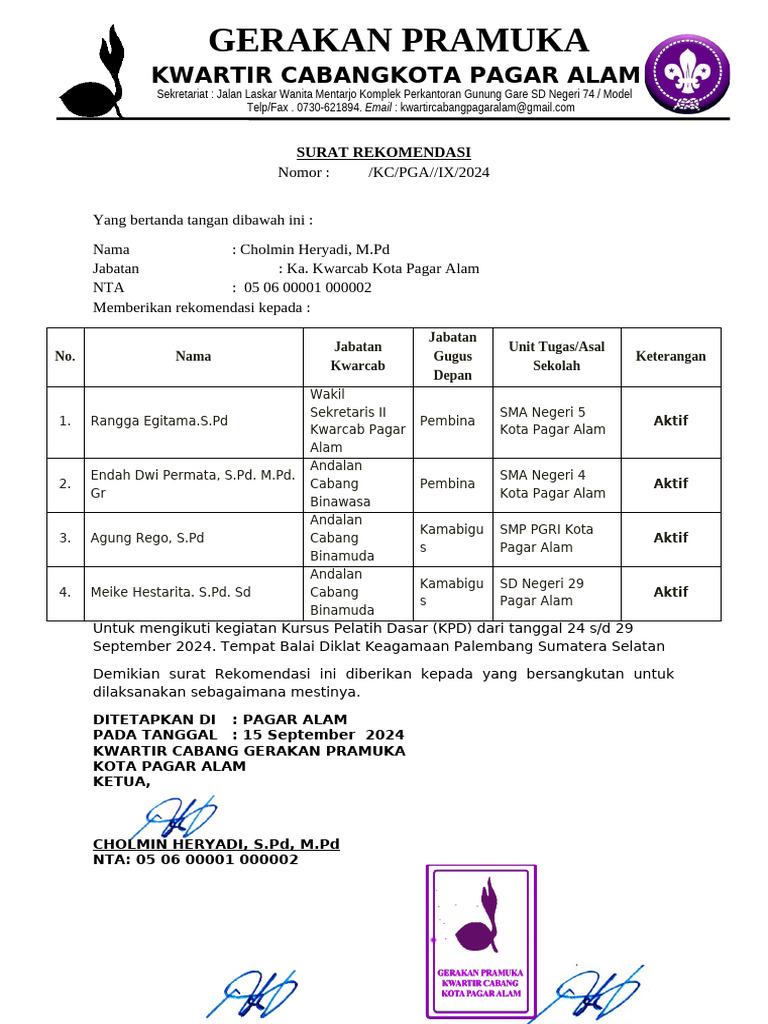 Surat Rekomendasi Kwarcab | PDF