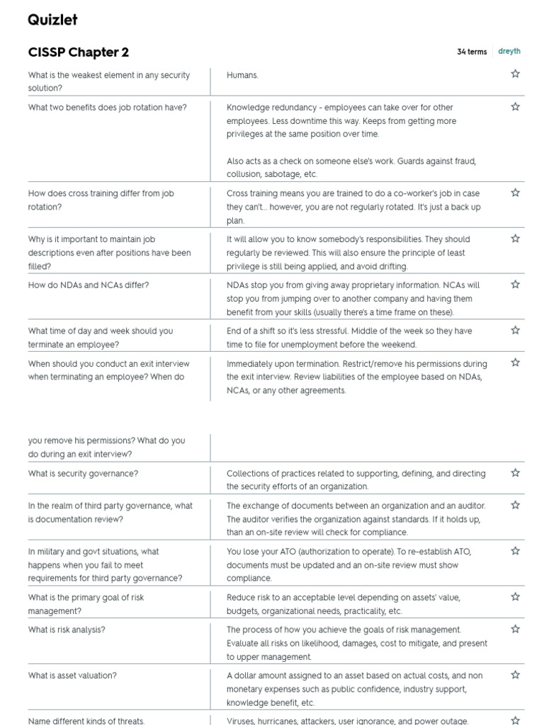 CISSP Chapter 2 Flashcards - Quizlet | PDF | Risk | Business