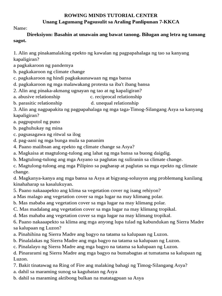 Grade 7 Social Studies Quiz | PDF | Southeast Asia | Travel