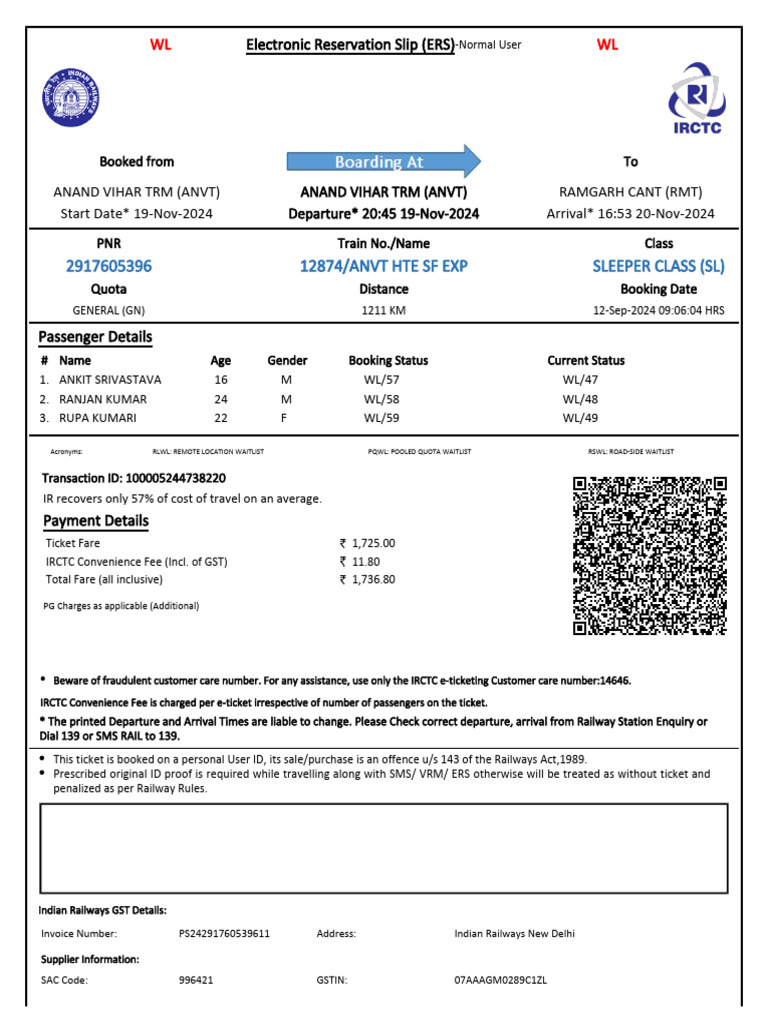 12874/anvt Hte SF Exp Sleeper Class (SL) : WL WL | PDF