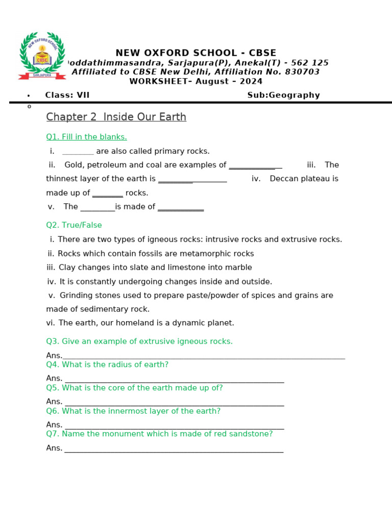 Grade 7 - Geography Chap-2 Worksheet | PDF
