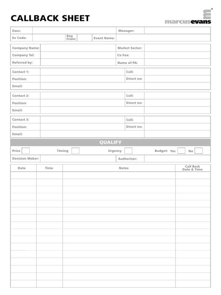 Callback Sheet | PDF