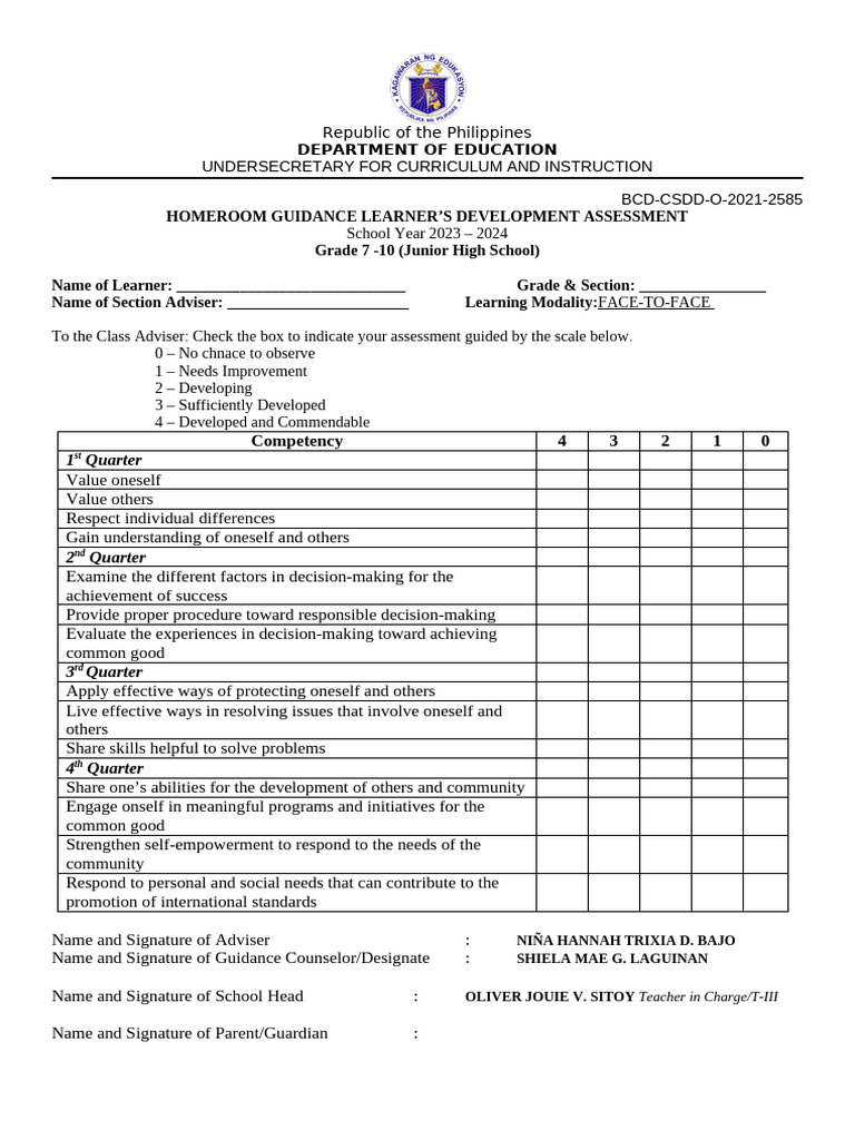 HOMEROOM GUIDANCE Form | PDF