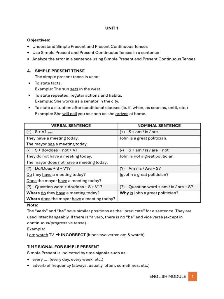 Simple Present vs. Present Continuous | PDF | Verb | Language Arts ...