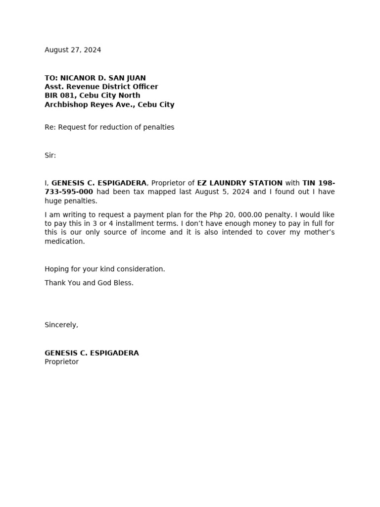 Letter Request To Pay in Installment | PDF