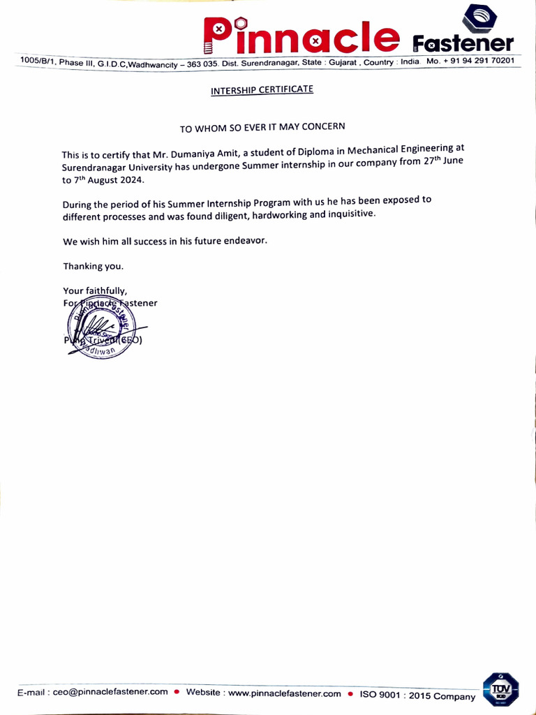 Pinnacle Fasteners Certificate | PDF