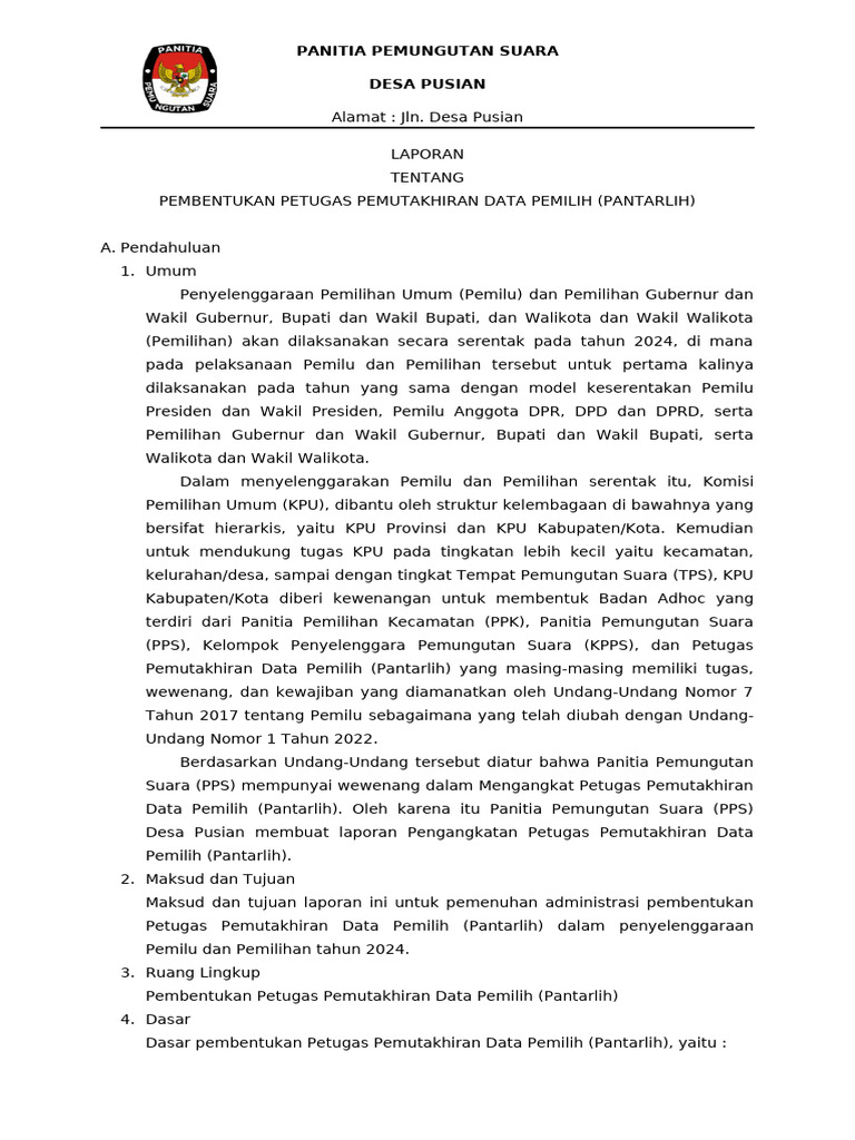 Laporan Pembentukan Pantarlih Pilkada 2024 | PDF