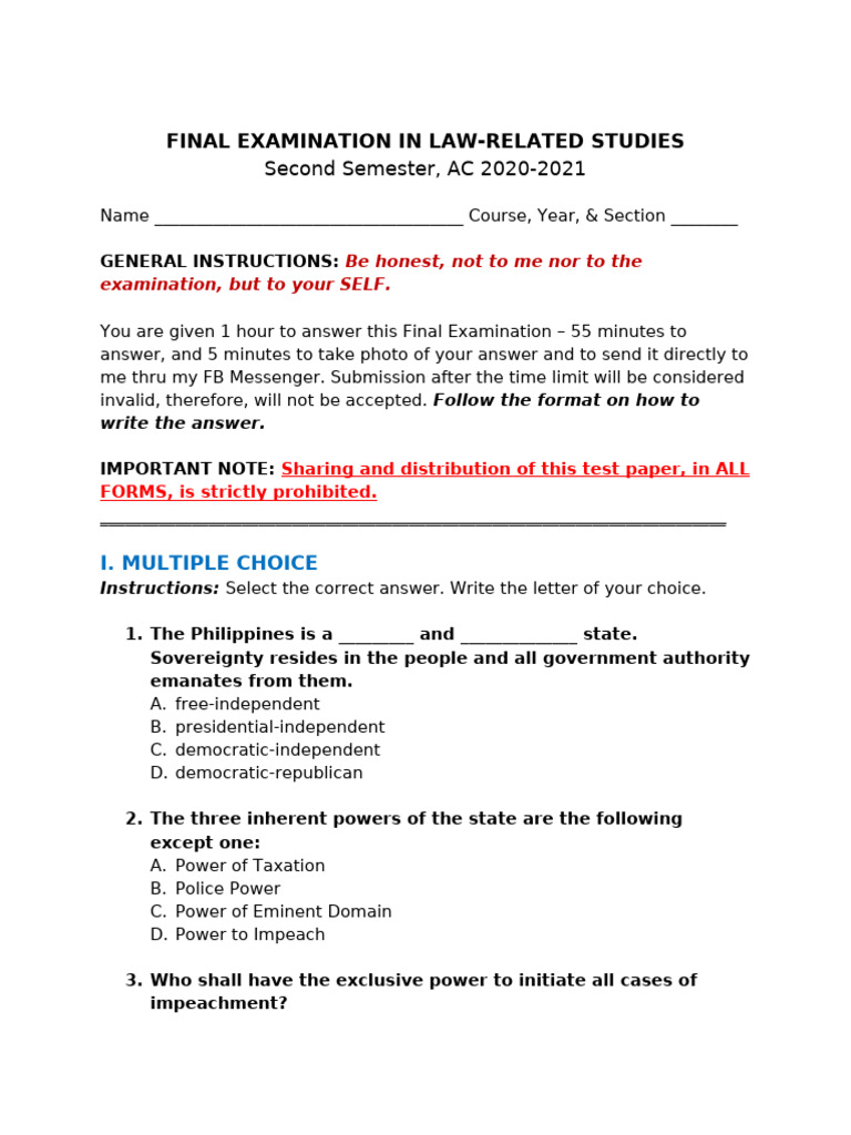 Final Examination in Law-Related Studies | PDF