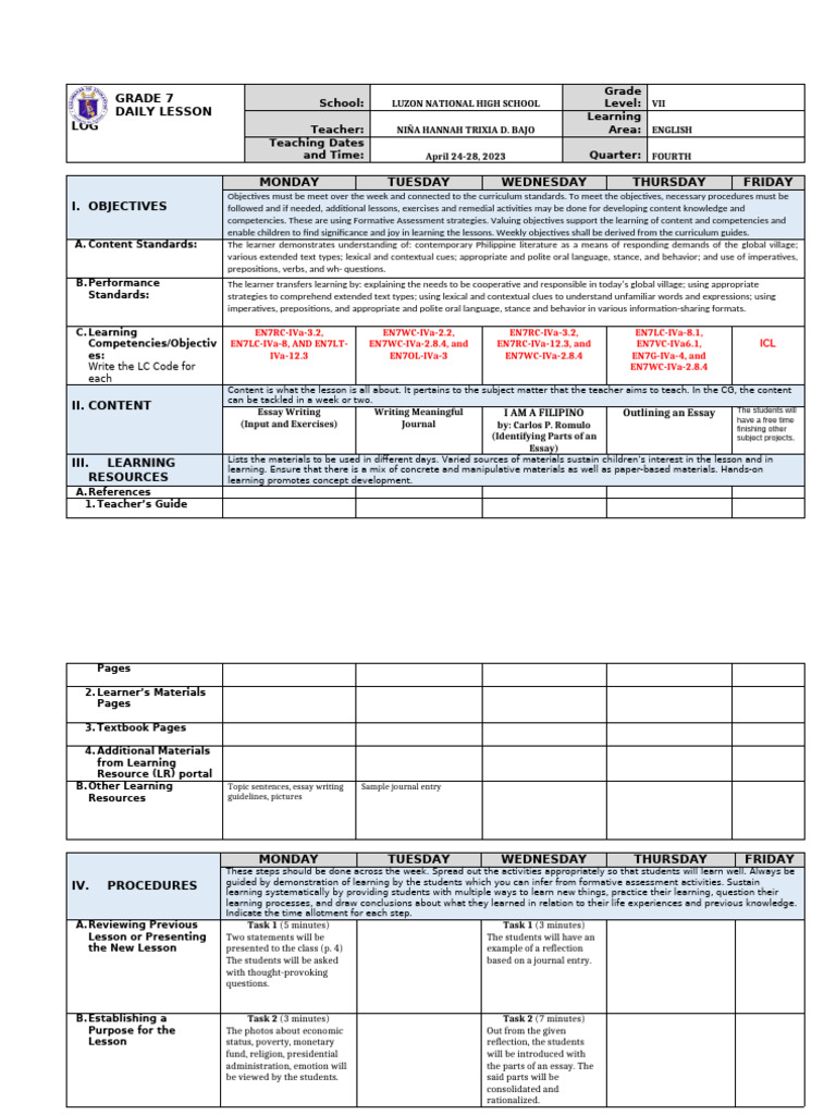 DLL - 4th QRTR - Week 1 | PDF