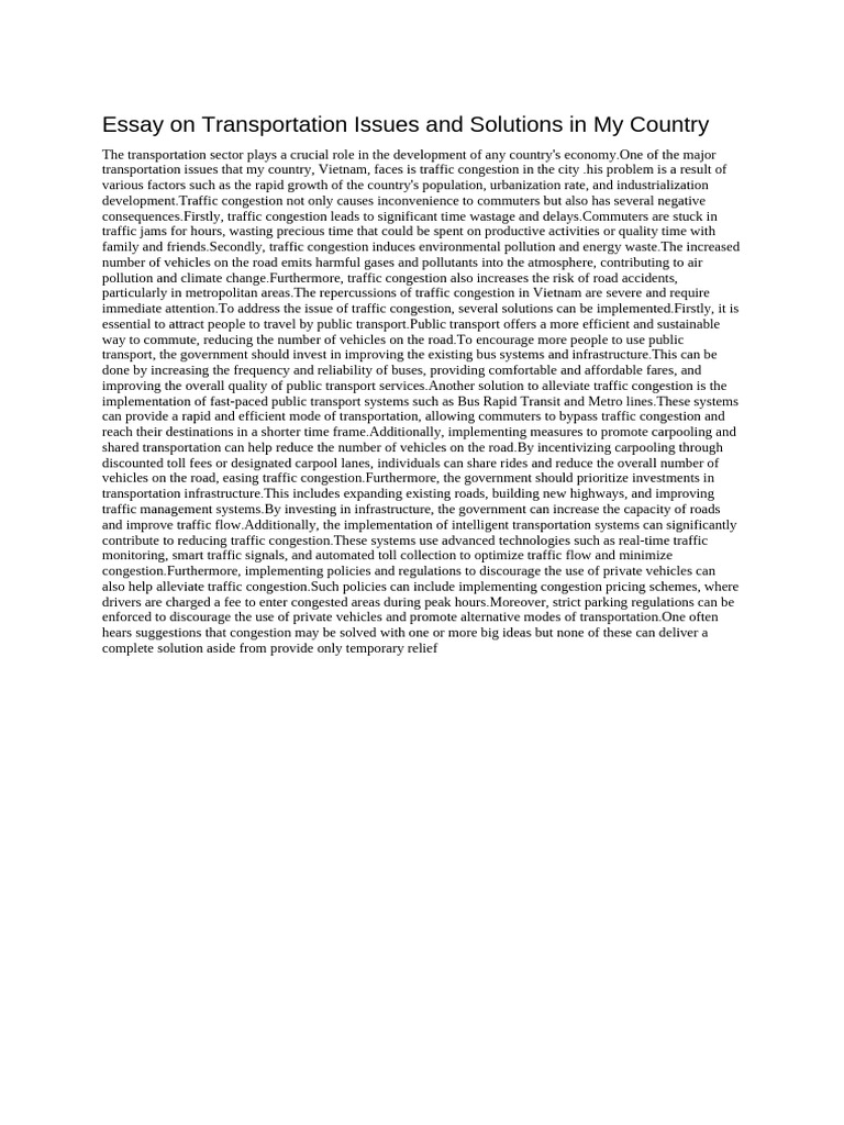 Essay On Transportation Issues and Solutions in My Country | PDF ...