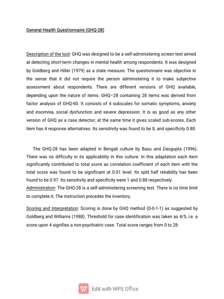 General Health Questionnaire 28 | PDF