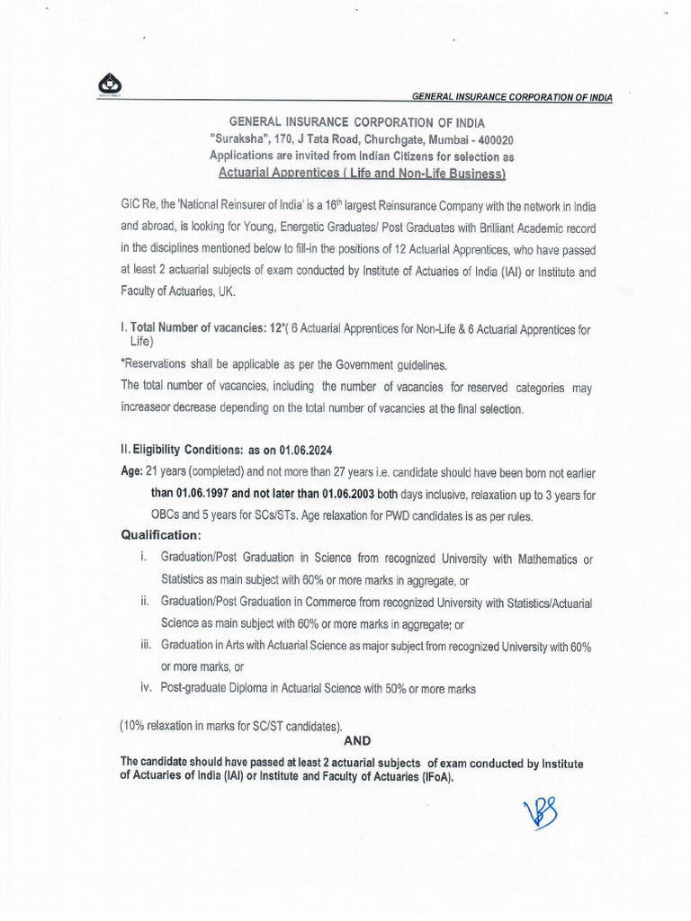 GIC Re - Advertisement For Actuarial Vacancy - Detailed Ad | PDF