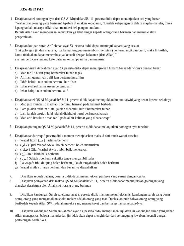 Kisi Kisi Agama Kls 9 | PDF