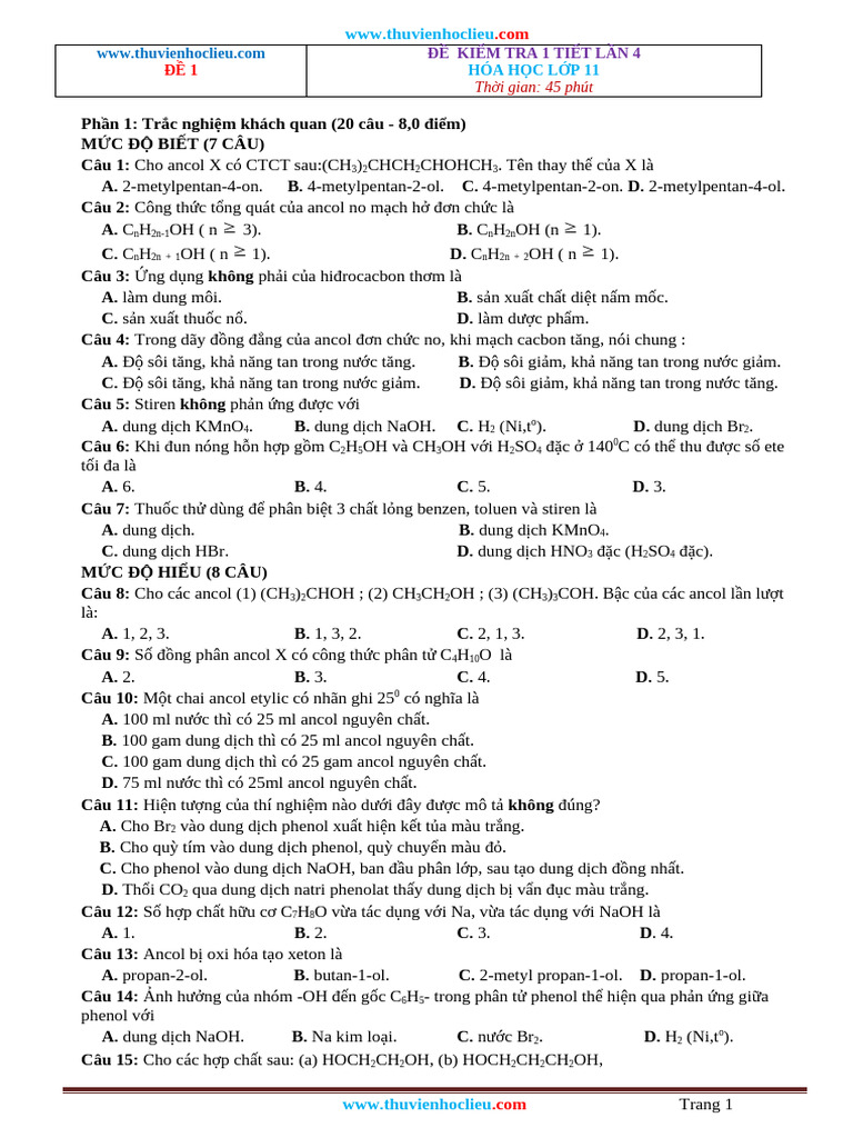 Thuvienhoclieu.com Bo de KT 1 Tiet Hoa 11 Lan 4 | PDF