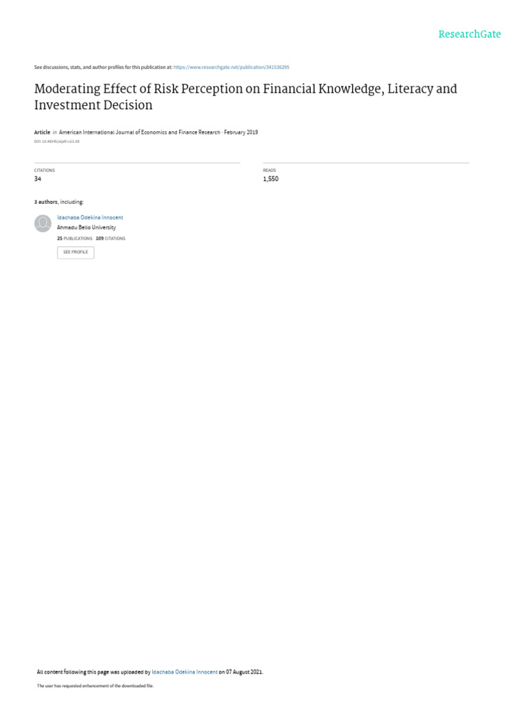 Moderating Effect of Risk Perception On Financial Knowledge, Literacy and Investment Decision | PDF