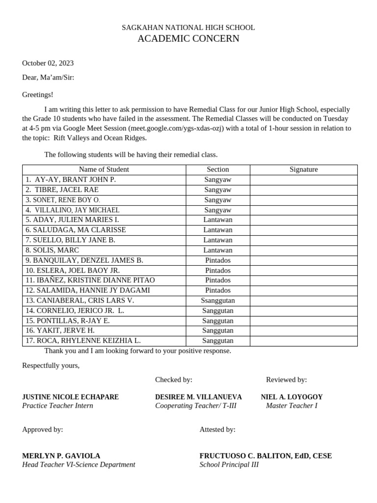 Letter For Remedial Class | PDF