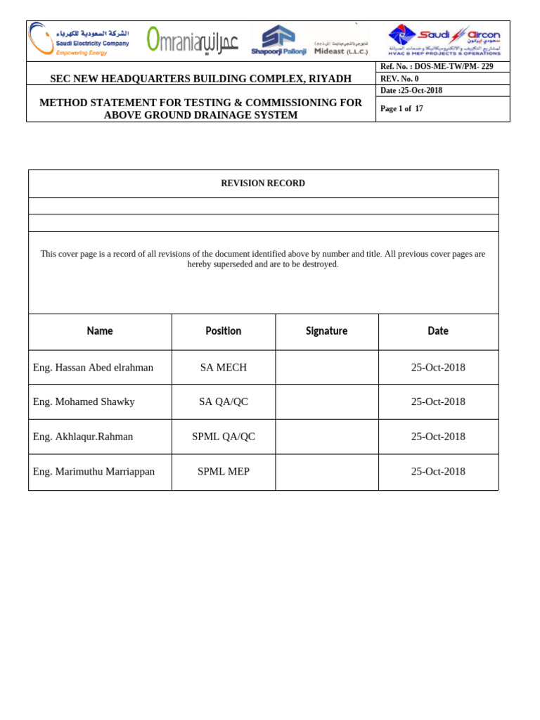 Method Statement For Testing and Commissioning For Drainage | PDF