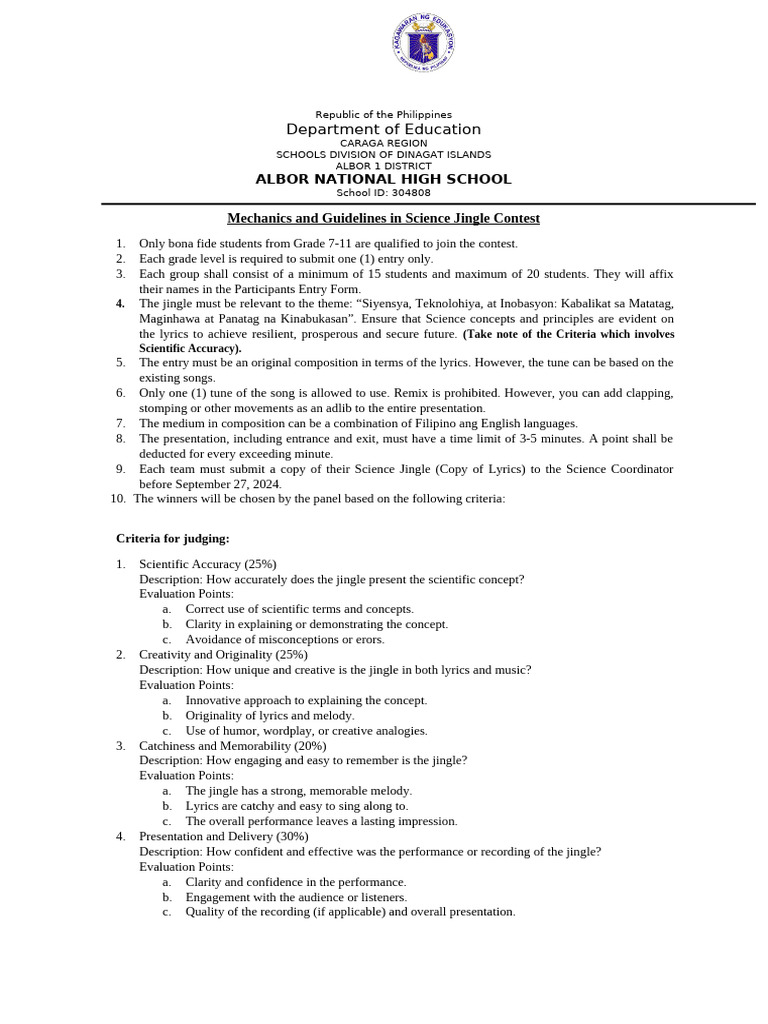 Science Jingle Contest Guidelines | PDF