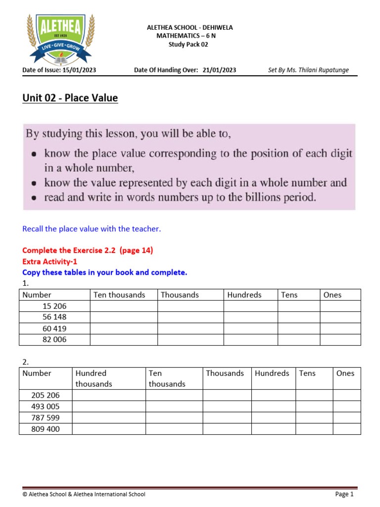 6N - Maths - T1 - 02 (Place Value) | PDF