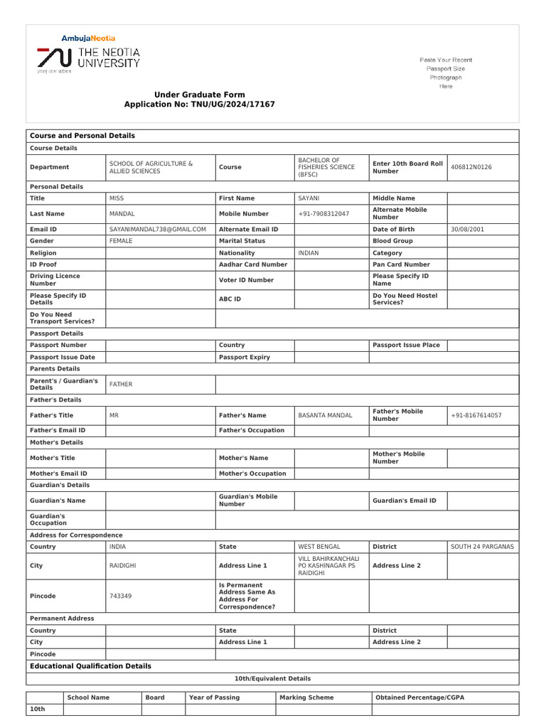 Application Form TNU UG 2024 17167 | PDF