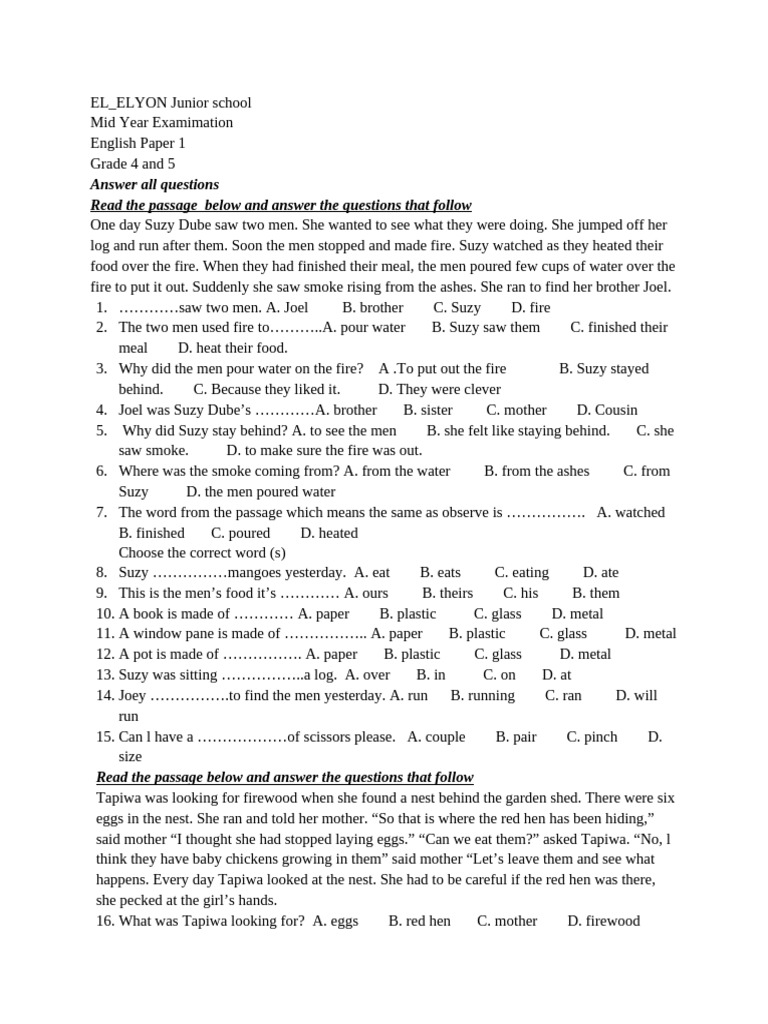 English Paper 1 Grade 4 And5 | PDF