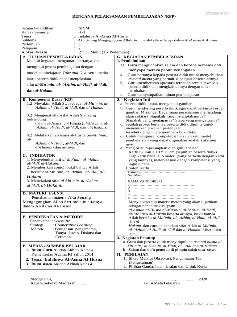 RPP Akidah Akhlak Kelas 4 Semester 1 Pelajaran 2 | PDF