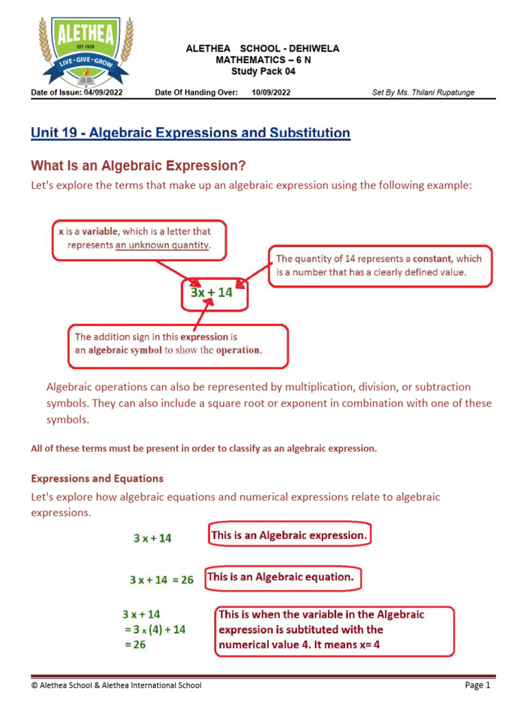 6N Maths T3 04 (Algebraic Expressions and Substitution) | PDF