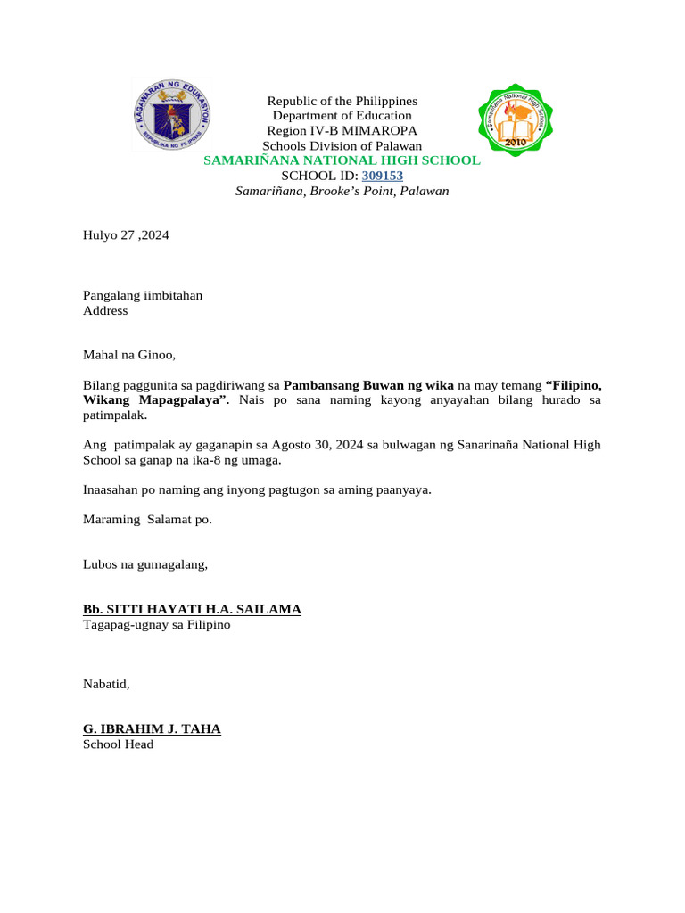 Letter of Invitation-Buwan NG Wika | PDF