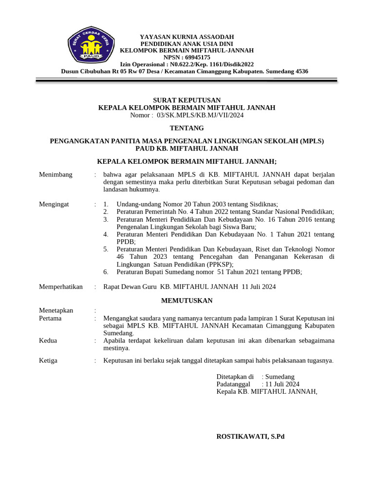 Sk Panitia Mpls Kb 2024 | PDF