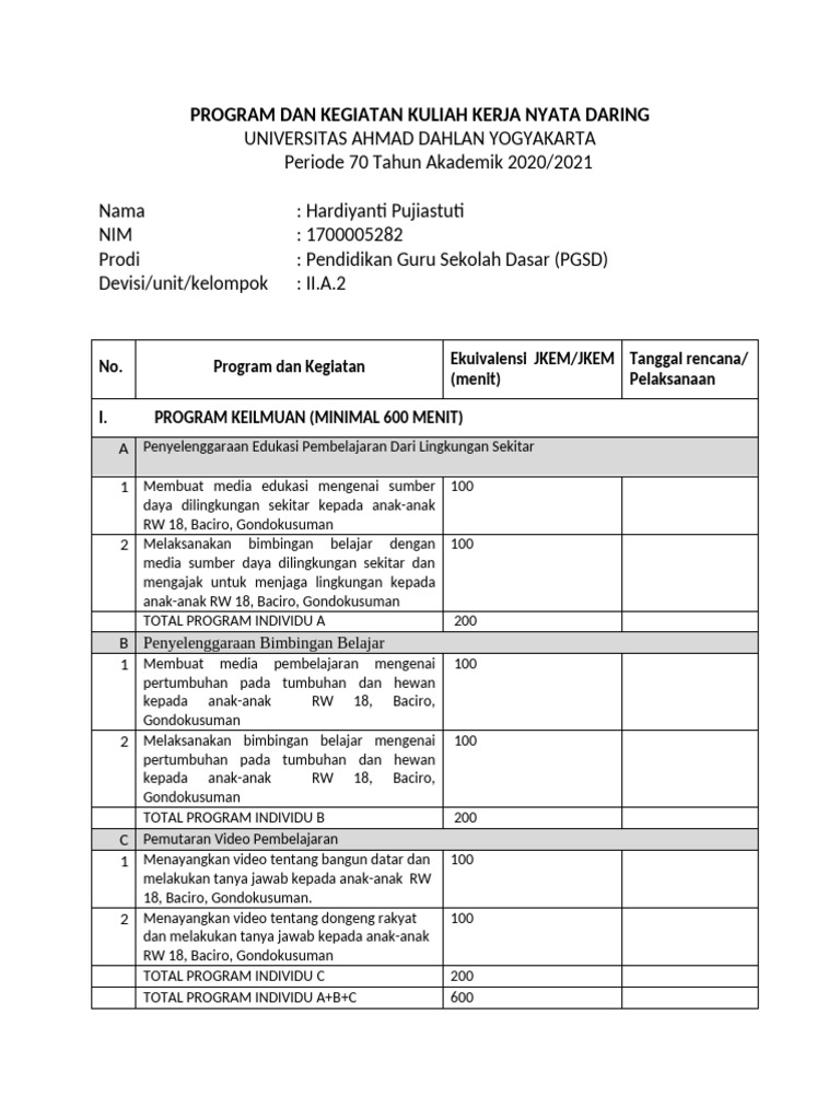 Program Kerja Individu - Hardiyanti PujiA | PDF