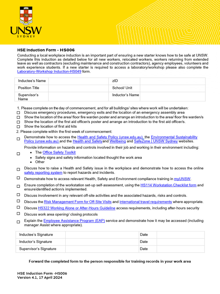 HS006 HSE Induction Form | PDF