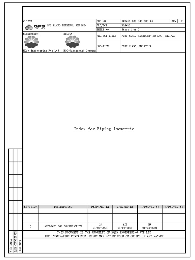 HQSM12-L02-508-005-A4-C Index For Piping Isometric (Truck Loading Area) | PDF
