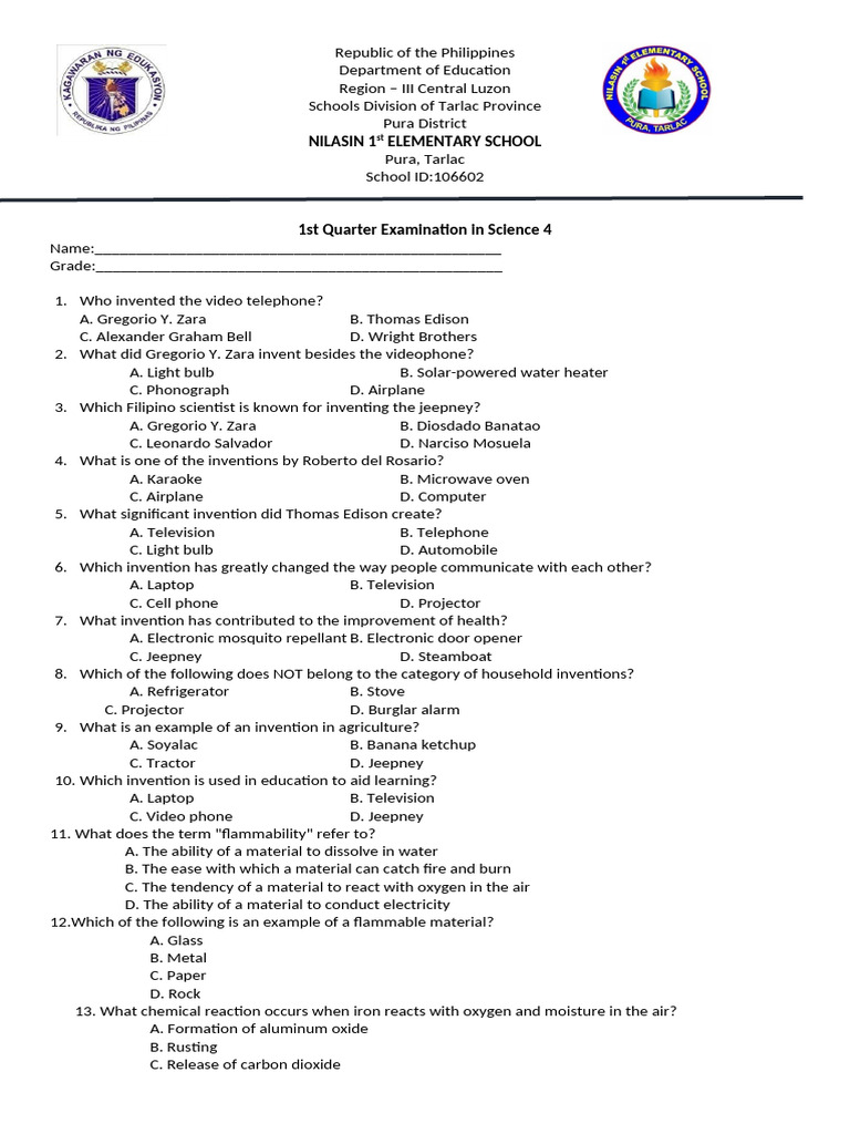 1st Quarter Examination Grade 4 Science | PDF