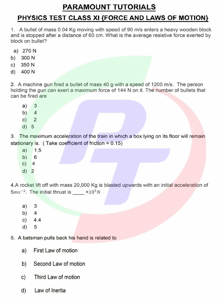 Physics Test Class XI - Force and Laws of Motion - 2023-24 | PDF