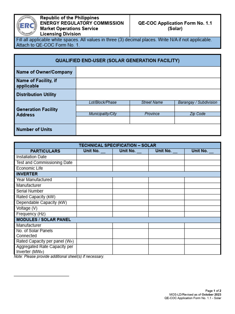 QE COC Application Form No.1.1 Solar 19oct2023 | PDF