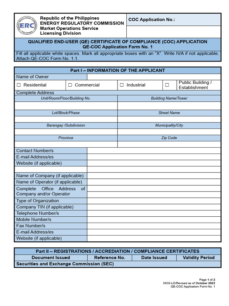 3. QE COC Application Form No.1 19Oct2023 | PDF