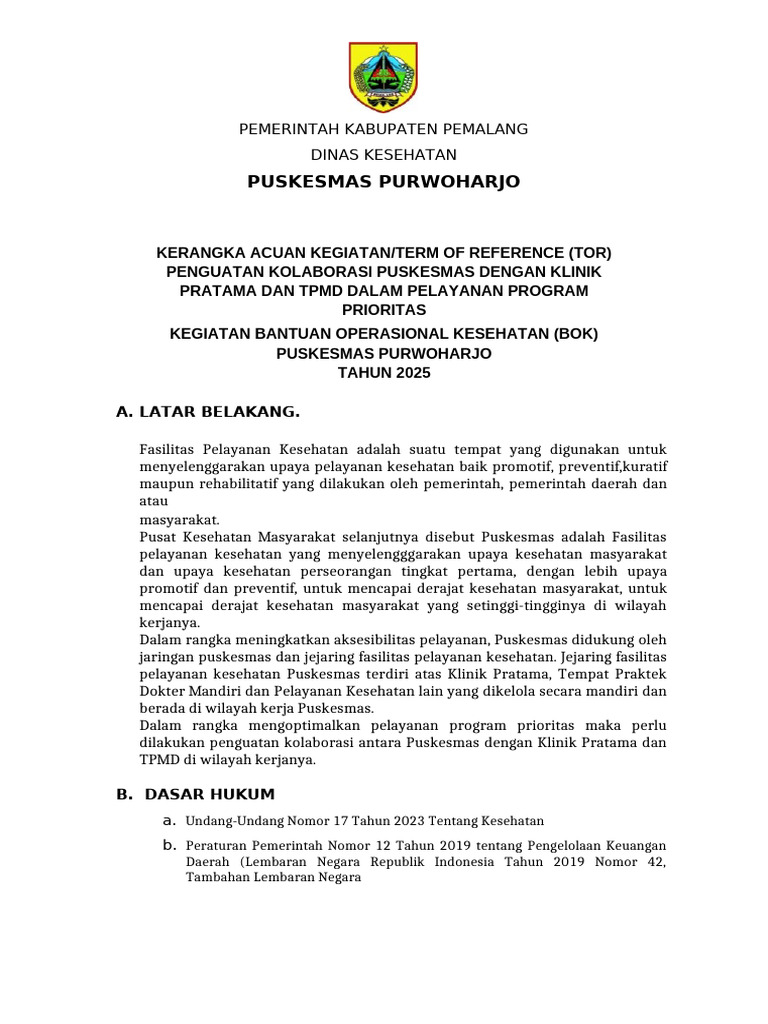 TOR TPMD Pusk Purwoharjo 25 | PDF
