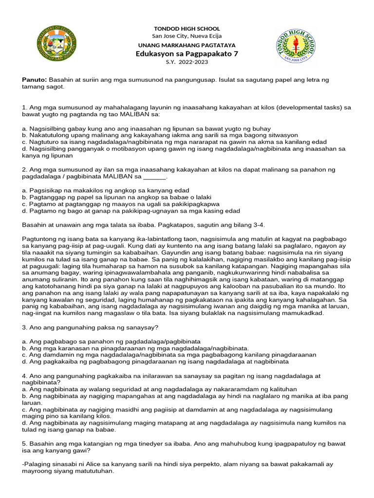 ESP 7 1st QuarterJ Exam | PDF